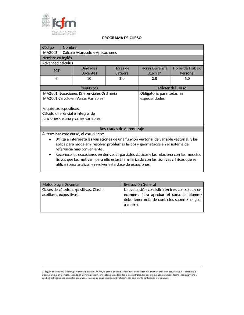 MA2002-5 Cálculo Avanzado y Aplicaciones :: Presentación